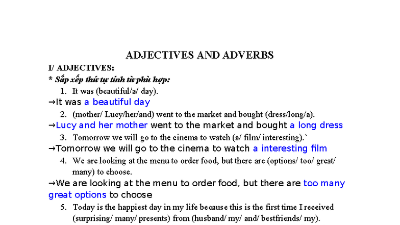 Adjectives and Adverbs: Order and Usage Exercises - Studocu