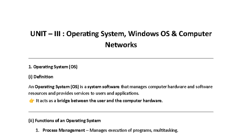 UNIT – III: Operating System, Windows OS & Computer Networks Overview - Studocu