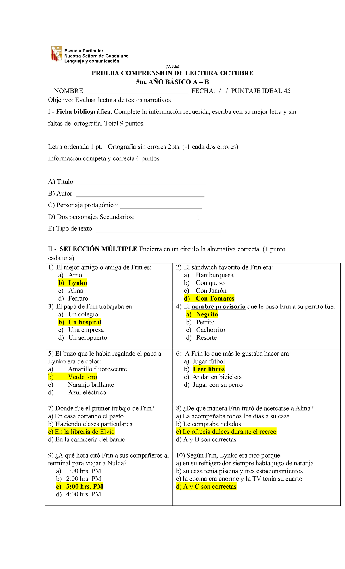 Prueba de Comprensión de Lectura 5to Básico A-B: Respuestas y Guía ...