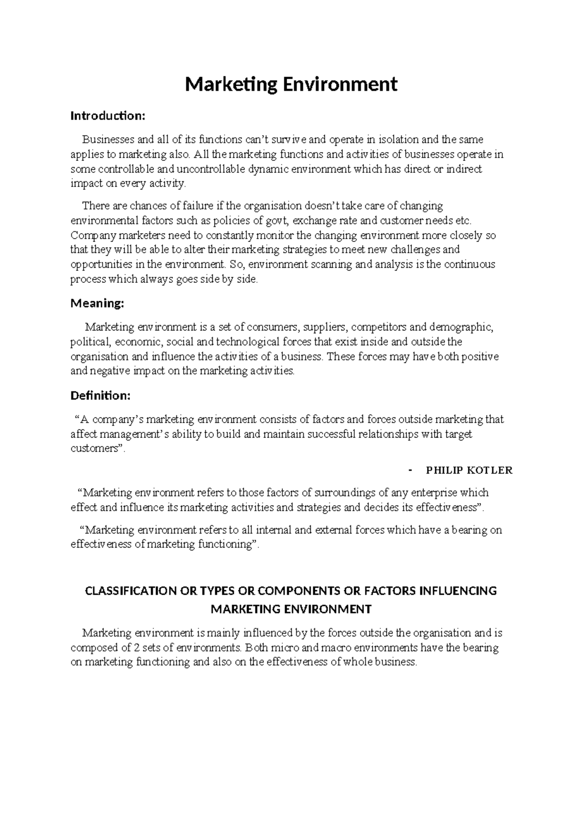 Marketing Environment Overview - BBA Final Exam Notes - Studocu