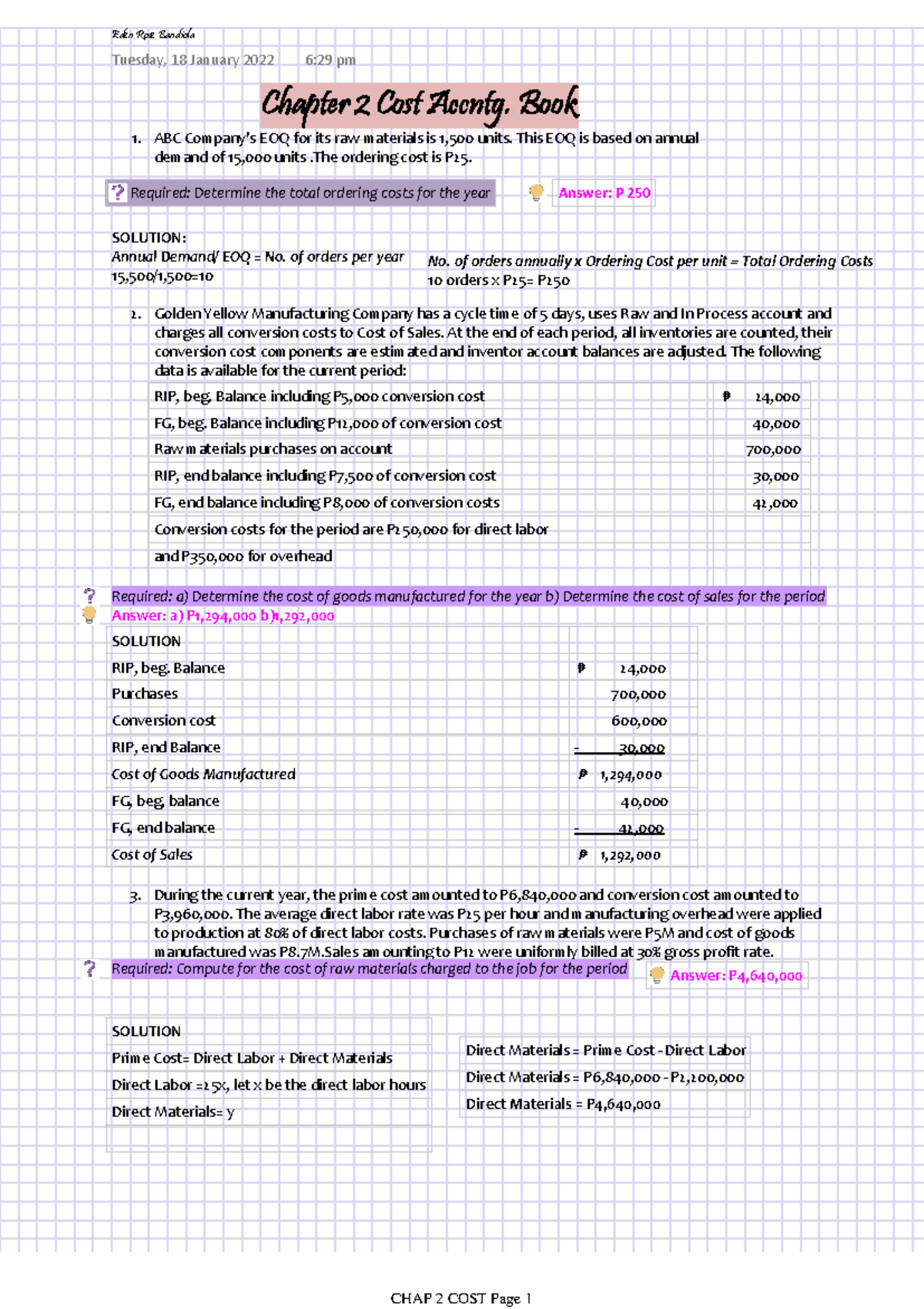 COST ACCOUNTING & CONTROL RANTE Chapter 2 Solutions and Analysis - Studocu