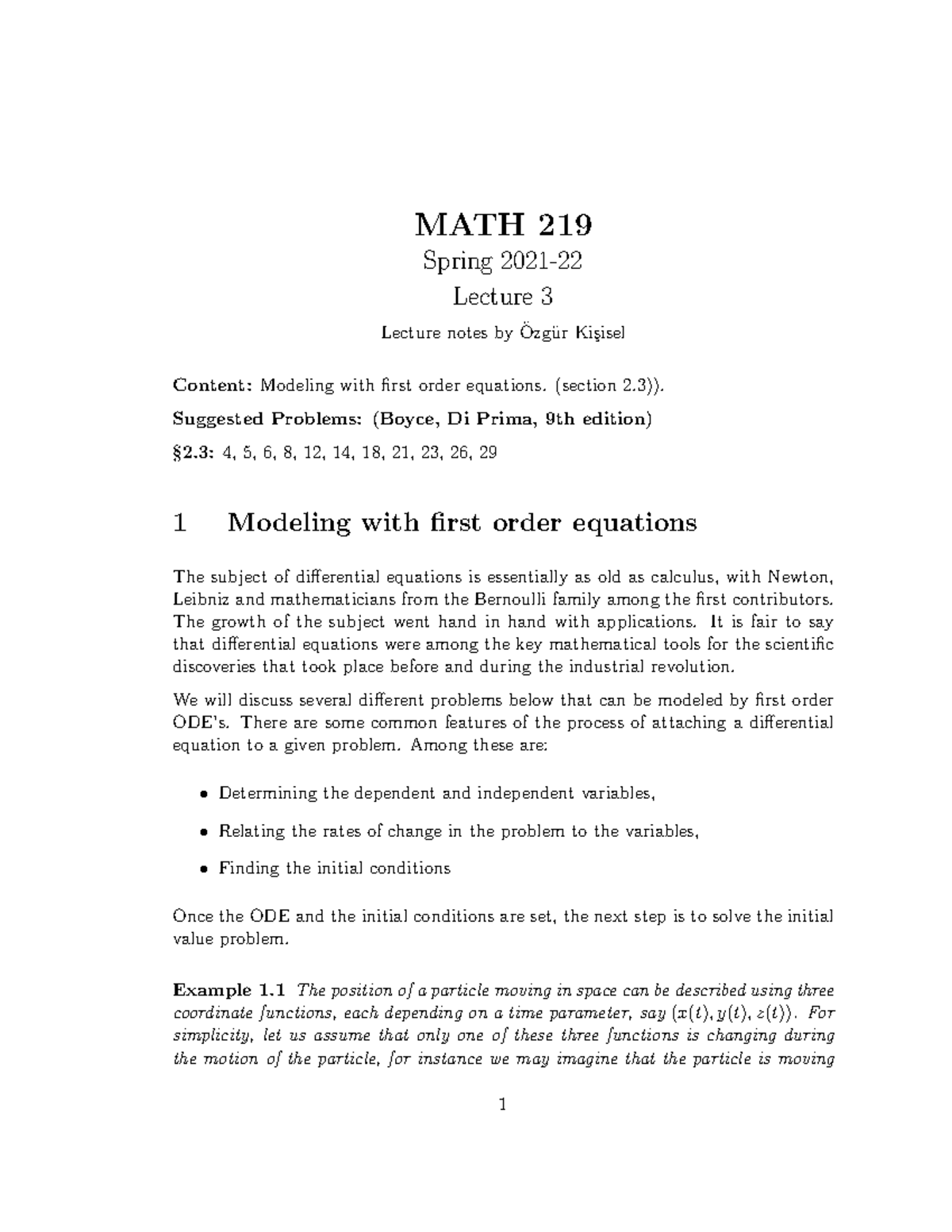 MATH 219 Spring Lecture 3 Notes: Modeling First Order Equations - Studocu