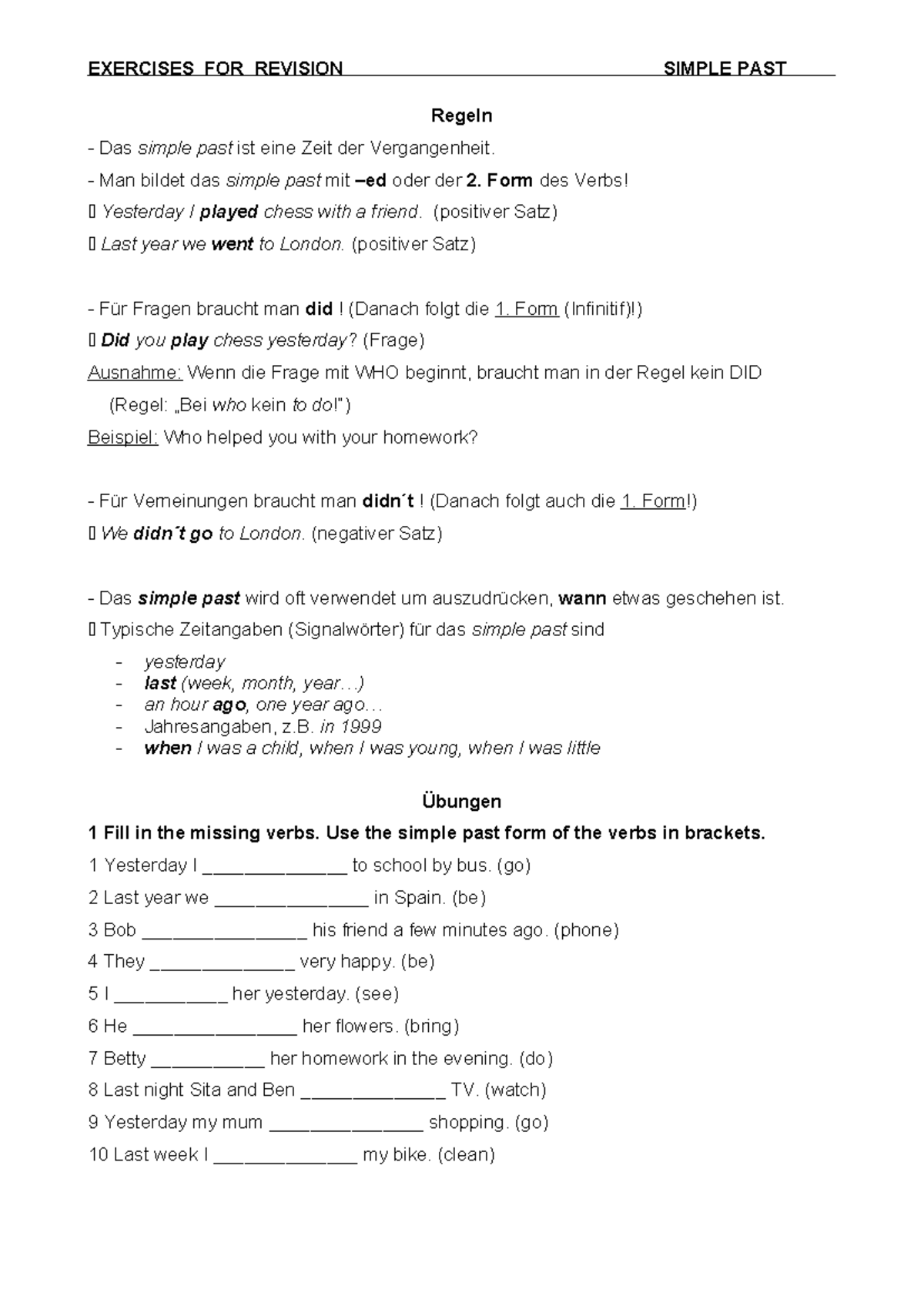 Simple past exercises - EXERCISES FOR REVISION SIMPLE PAST Regeln - Das ...