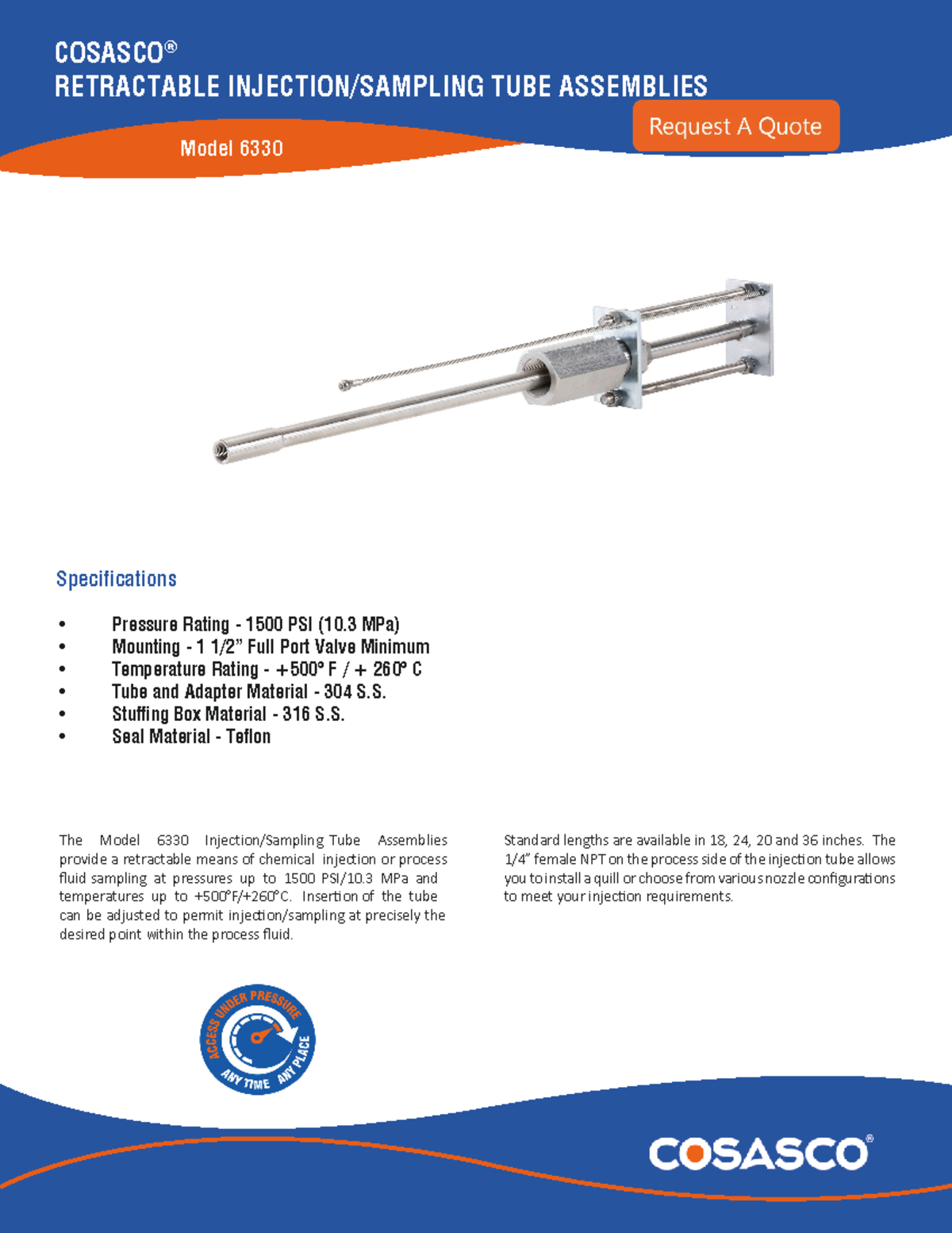 COSASCO Model 6330: Retractable Injection/Sampling Tube Specs - Studocu