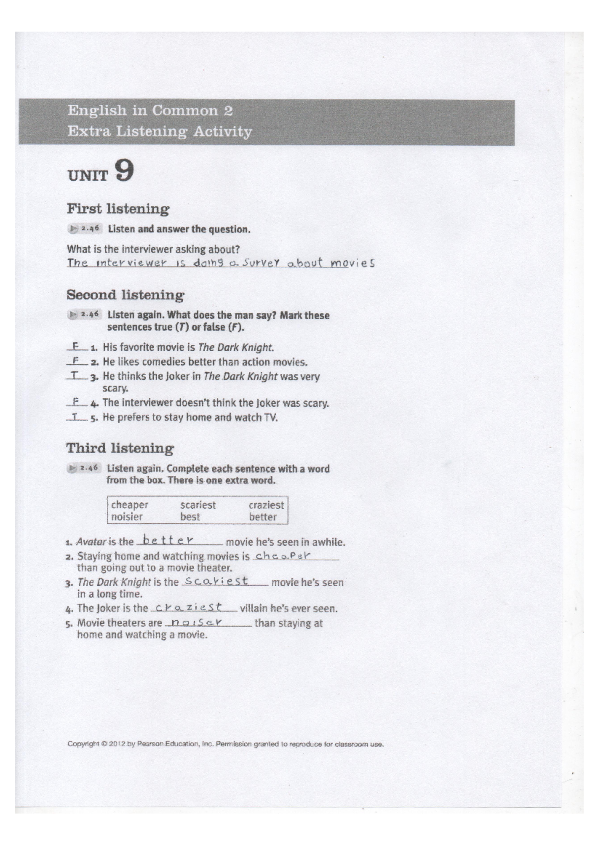 Listening Worksheet for Homework - Unit 9 (U9) - Studocu