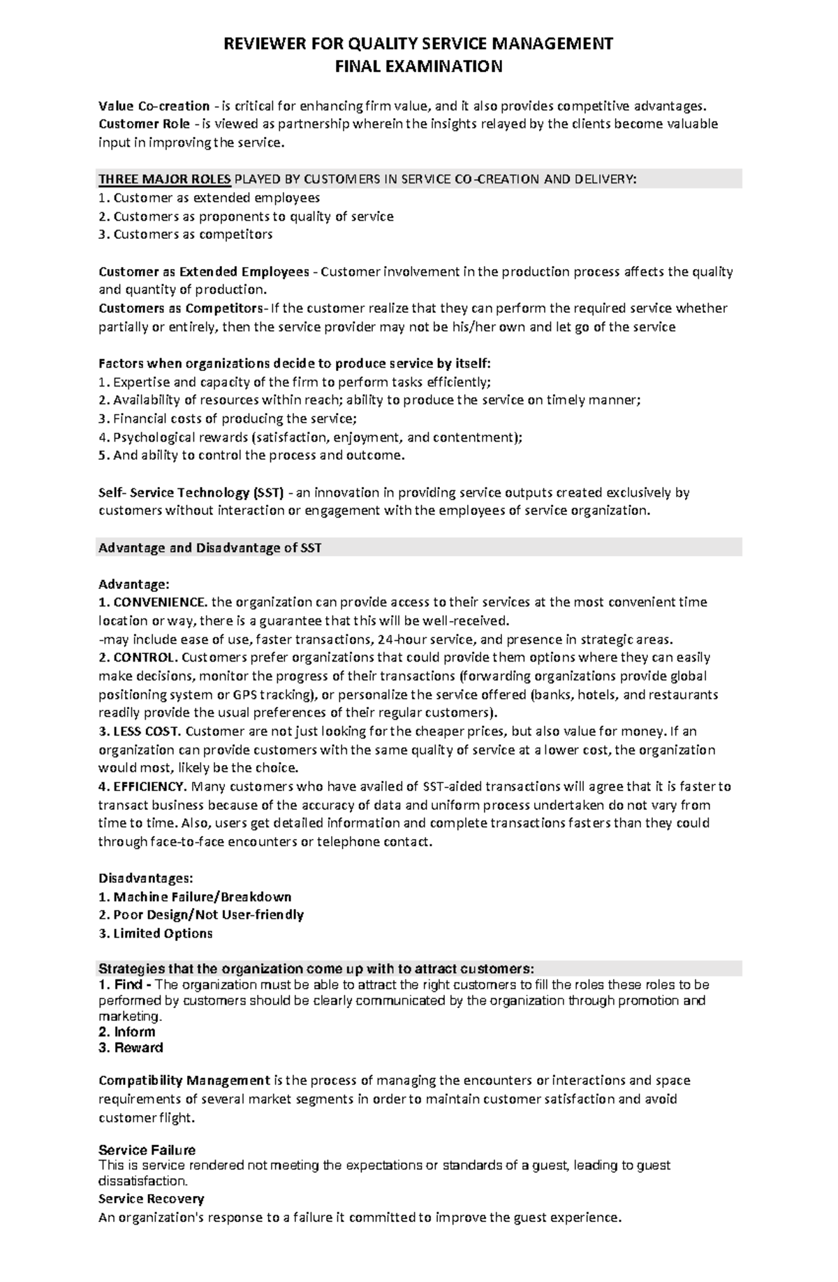 Final Exam Reviewer for Quality Service Management (QSM 101) - Studocu