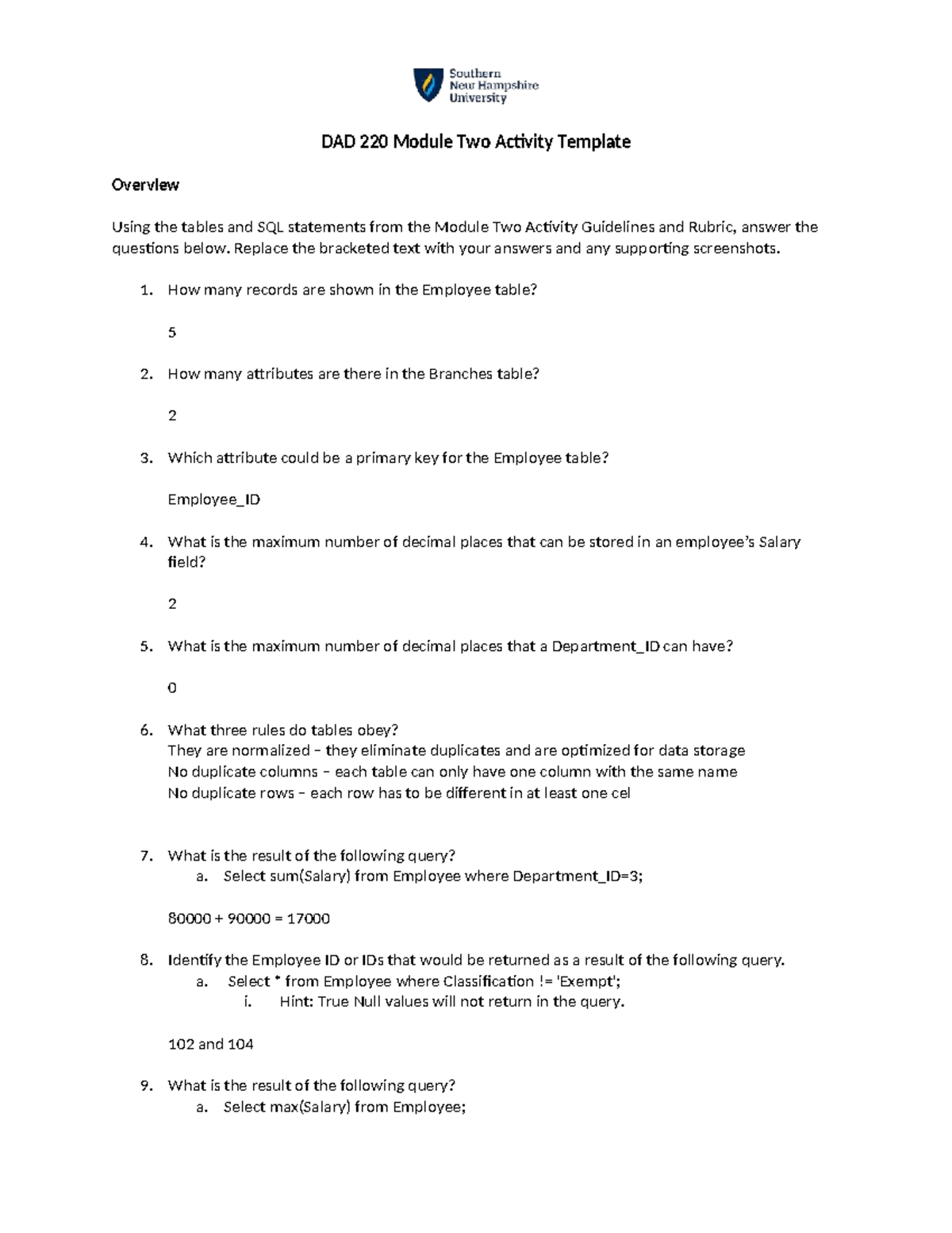 DAD 220 Module Two Activity - Replace the bracketed text with your answers and any supporting ...