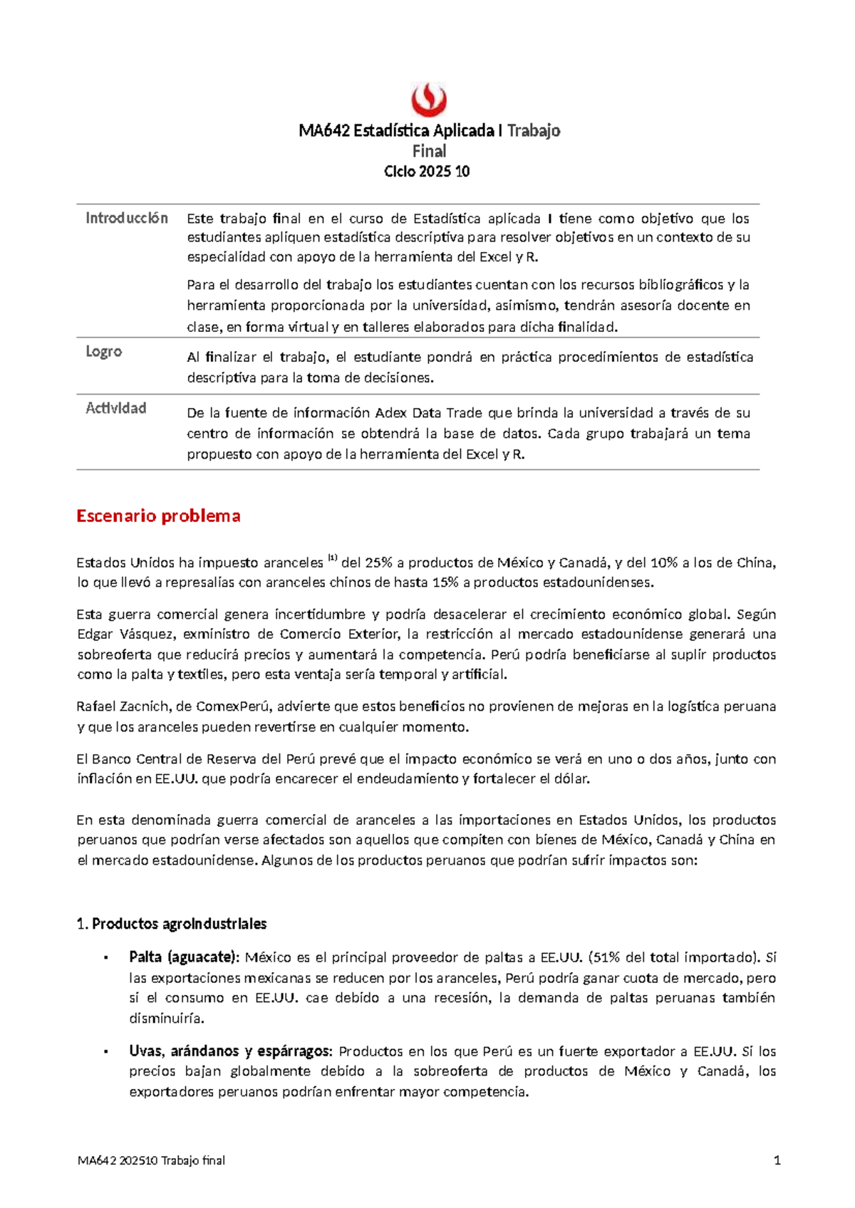 MA642 Estadística Aplicada I - Trabajo Final Ciclo 2025 - Studocu