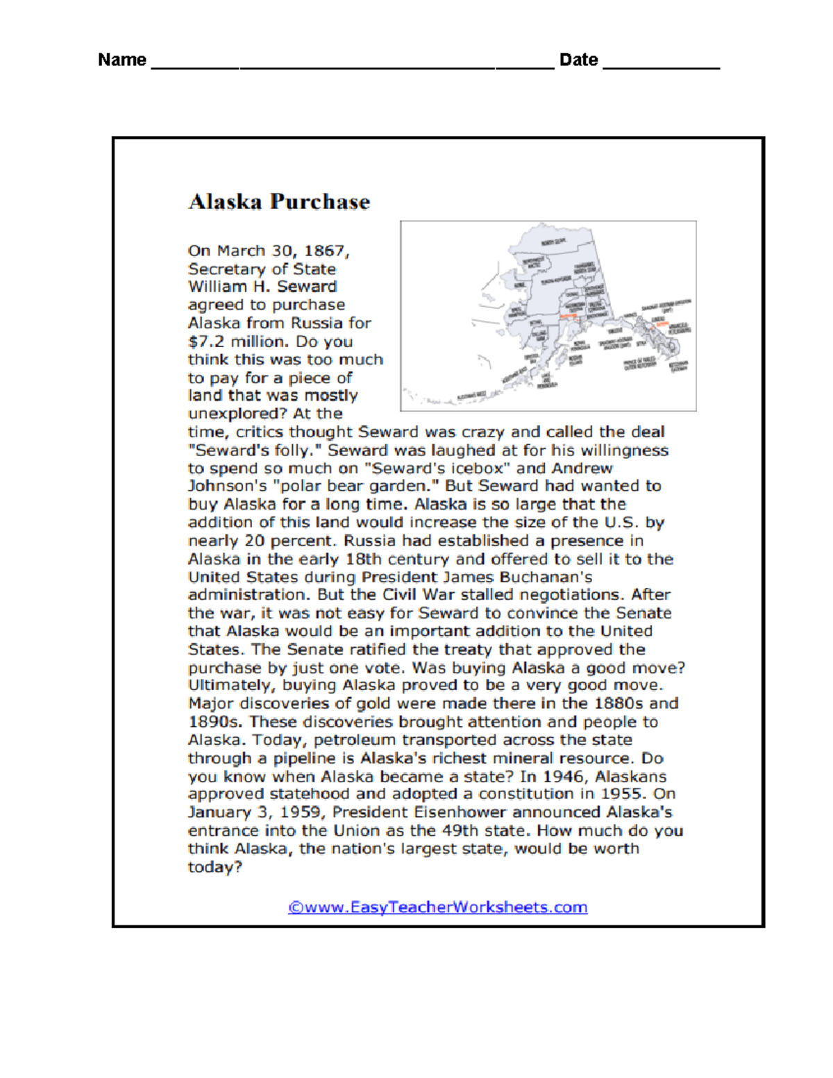 HIST 101: Alaska Purchase Worksheet and Discussion Questions - Studocu
