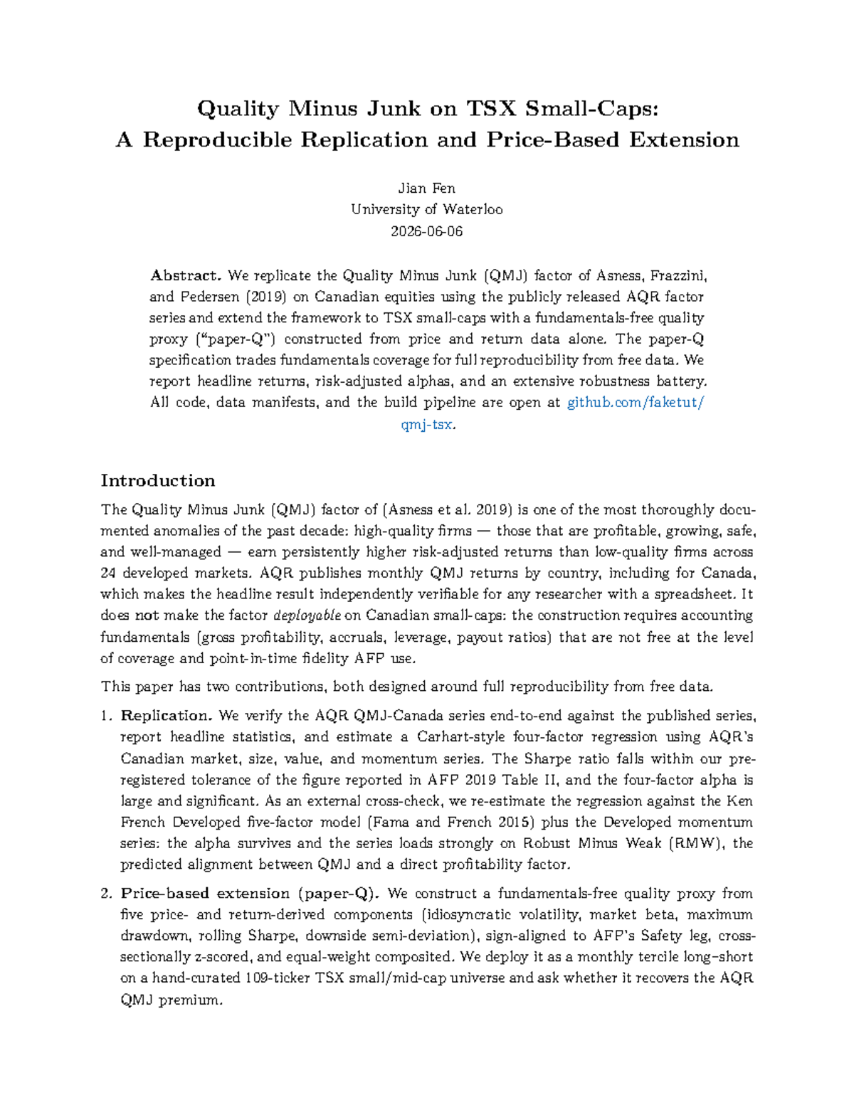 Quality Minus Junk Factor Replication on TSX: A Comprehensive Study ...