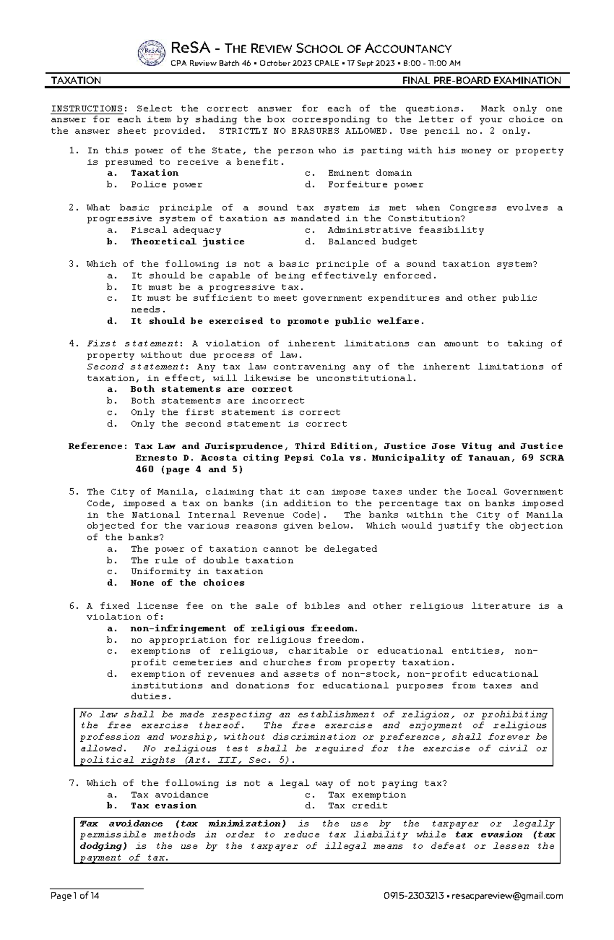 Taxation Final Exam - ReSA Batch 46 CPALE 17 September 2023 - Studocu