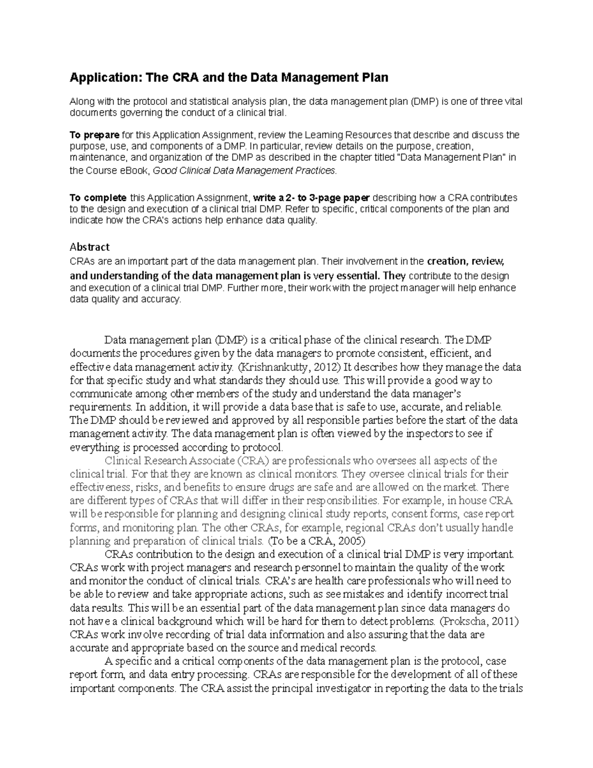 A2 - CLRA 6190 - Application: The CRA and the Data Management Plan ...