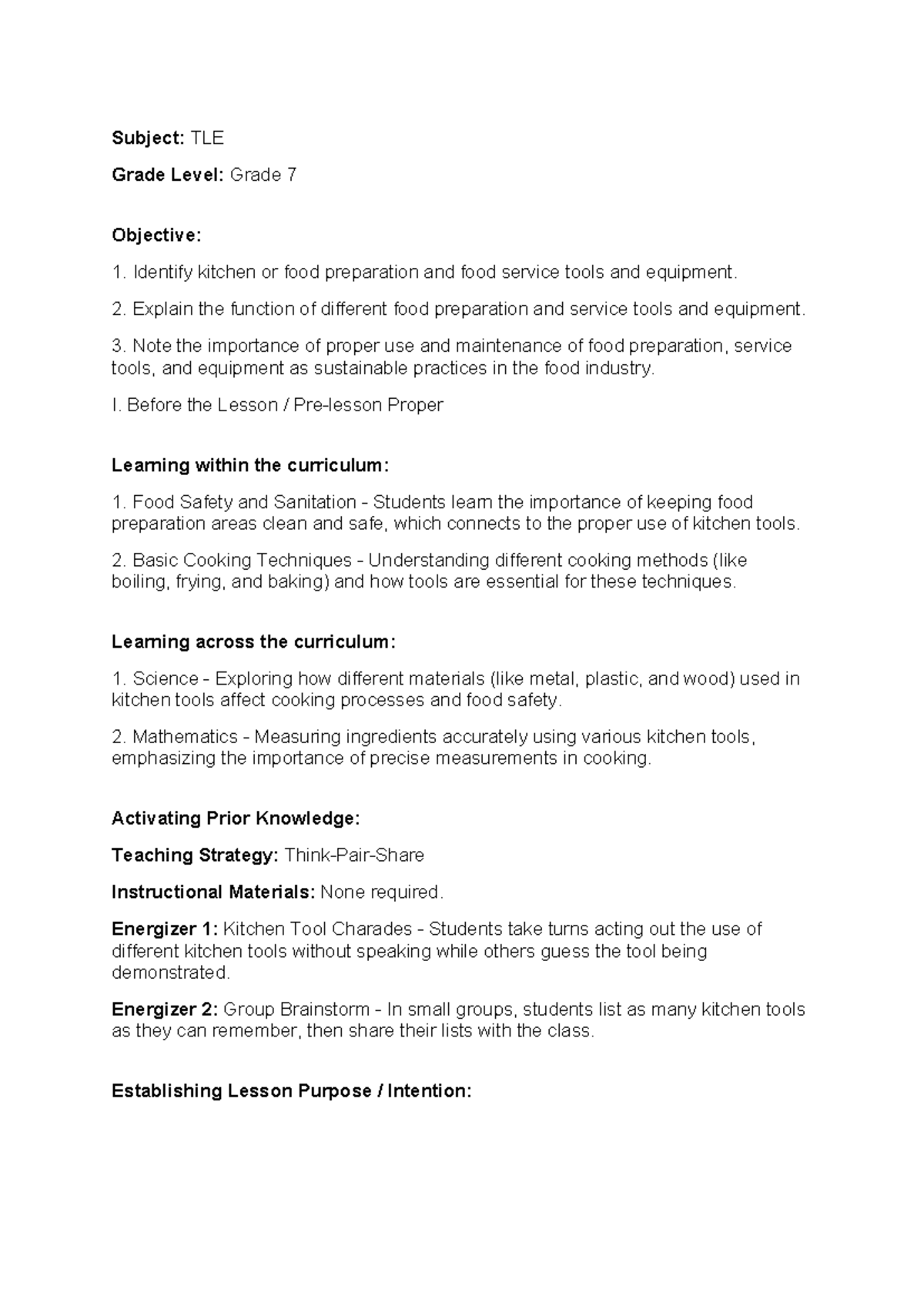 TLE Grade 7 Lesson Plan: Understanding Kitchen Tools & Equipment - Studocu