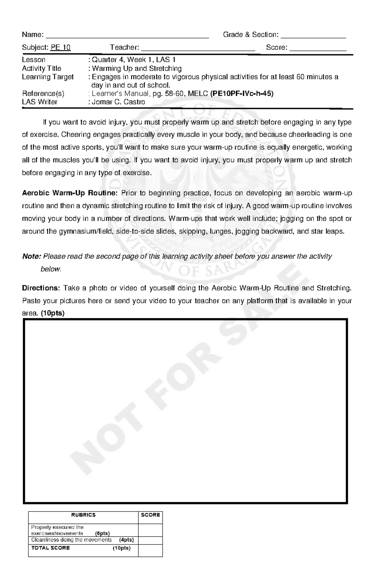 PE 10 Q4 - Week 1 Learning Activity Sheet 1: Warm-Up & Stretching - Studocu