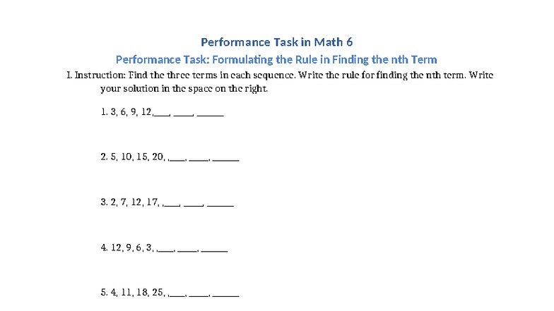 Math 6 Performance Task: Finding the nth Term Rules - Studocu