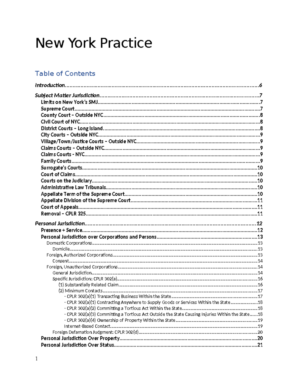 NYP Practice Outline: Subject and Personal Jurisdiction in NY Courts ...