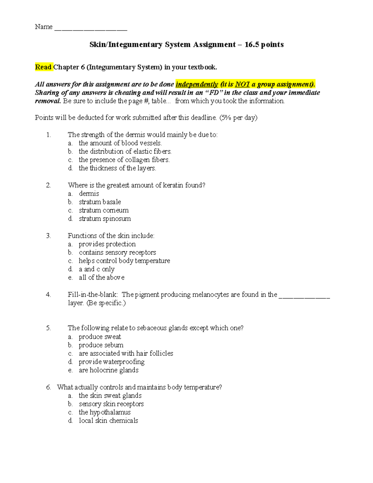Skin/Integumentary System Assignment - Chapter 6 Review - Name ...