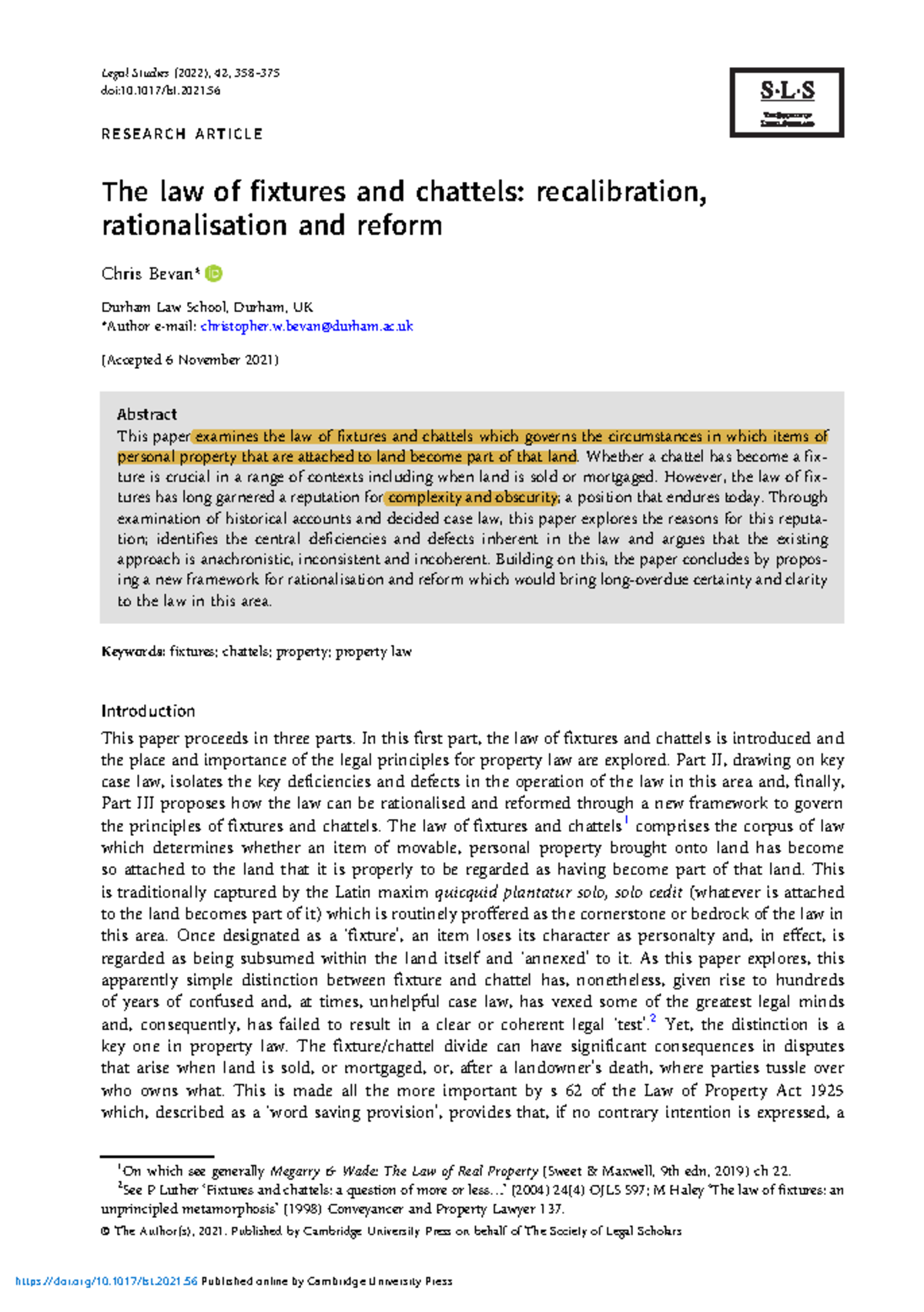 Fixtures and Chattels: Legal Analysis and Reform Proposals in Property ...