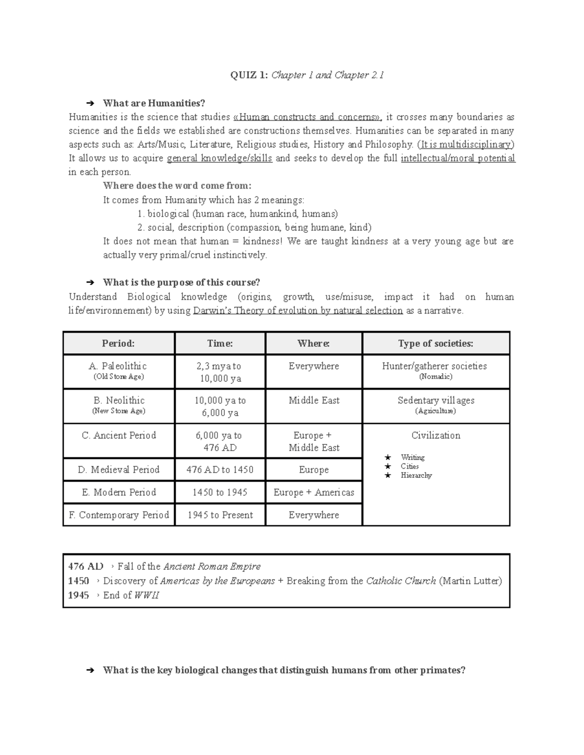 Humanities - Quiz 1: Insights from Chapters 1 & 2 - Studocu