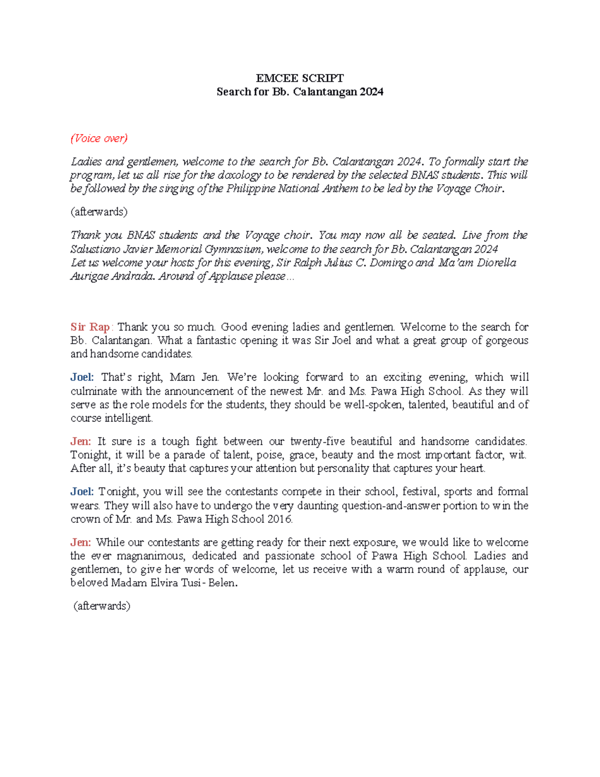 Emcee pageant - EMCEE SCRIPT Search for Bb. Calantangan 2024 (Voice ...