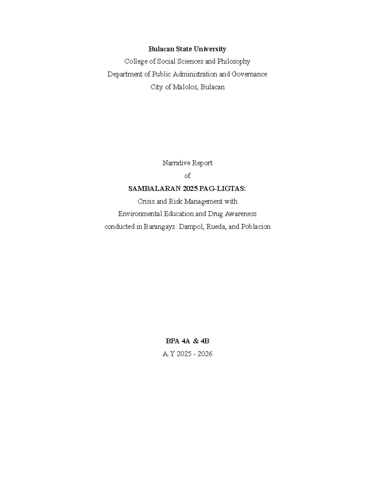 Narrative Report on SAMBALARAN 2025: Crisis & Risk Management (PAD 401 ...