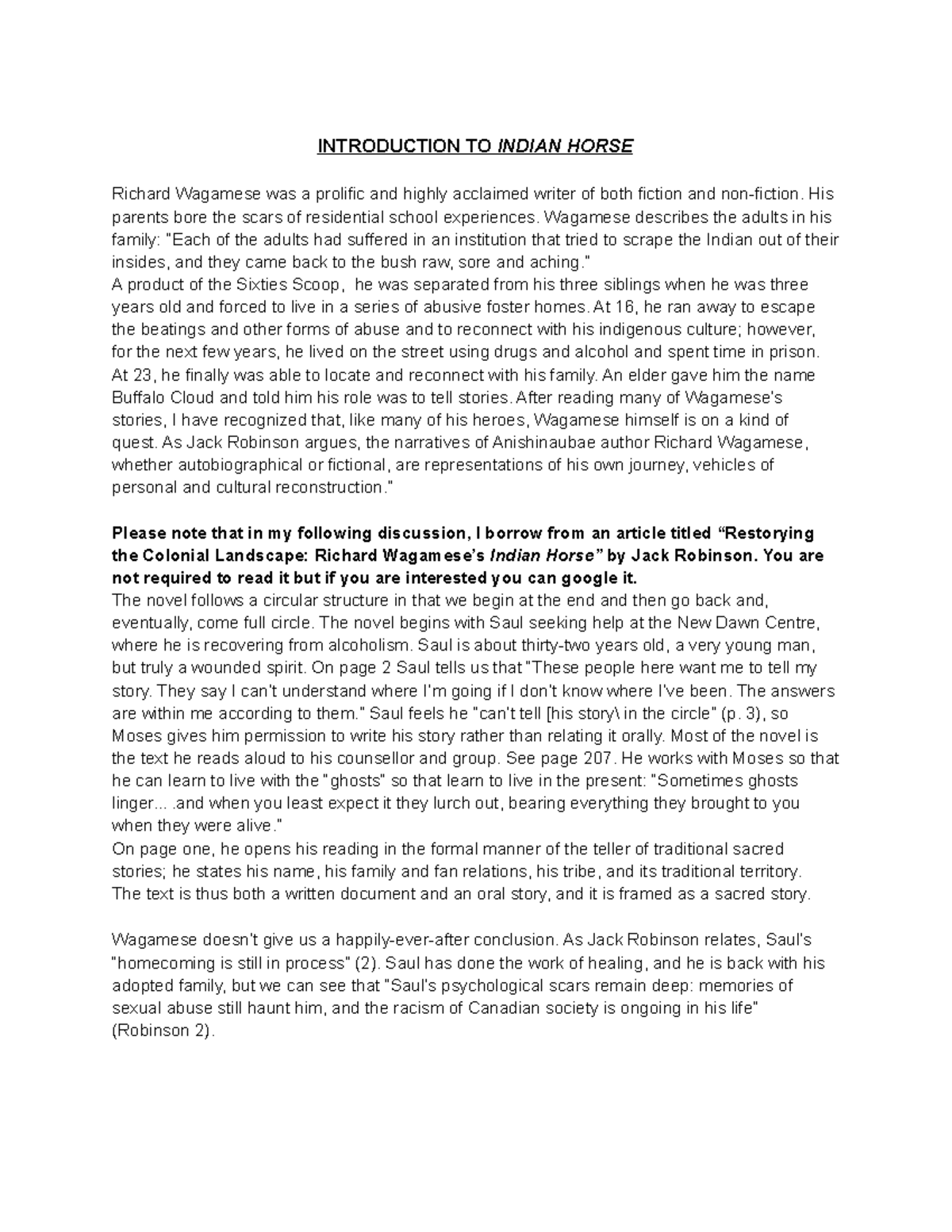 Indianhorse Lecture Notes - INTRODUCTION TO INDIAN HORSE Richard ...