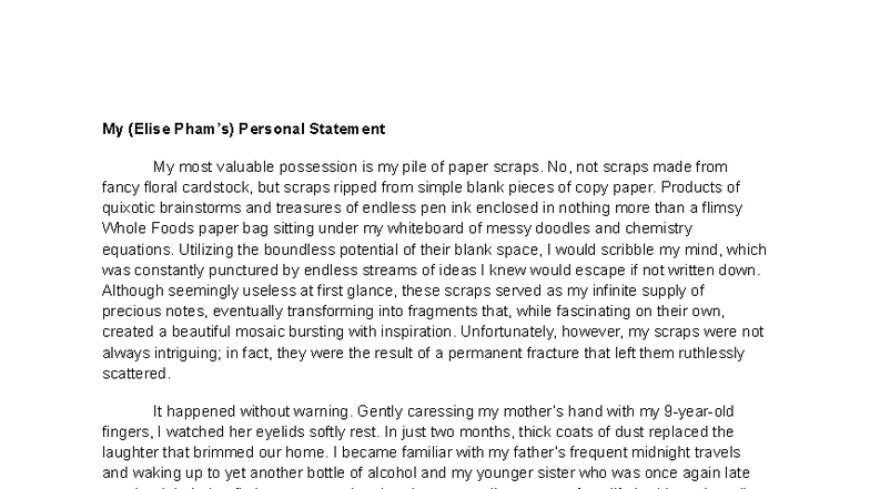 Elise Pham's Personal Statement: Finding Beauty in Scraps - Studocu