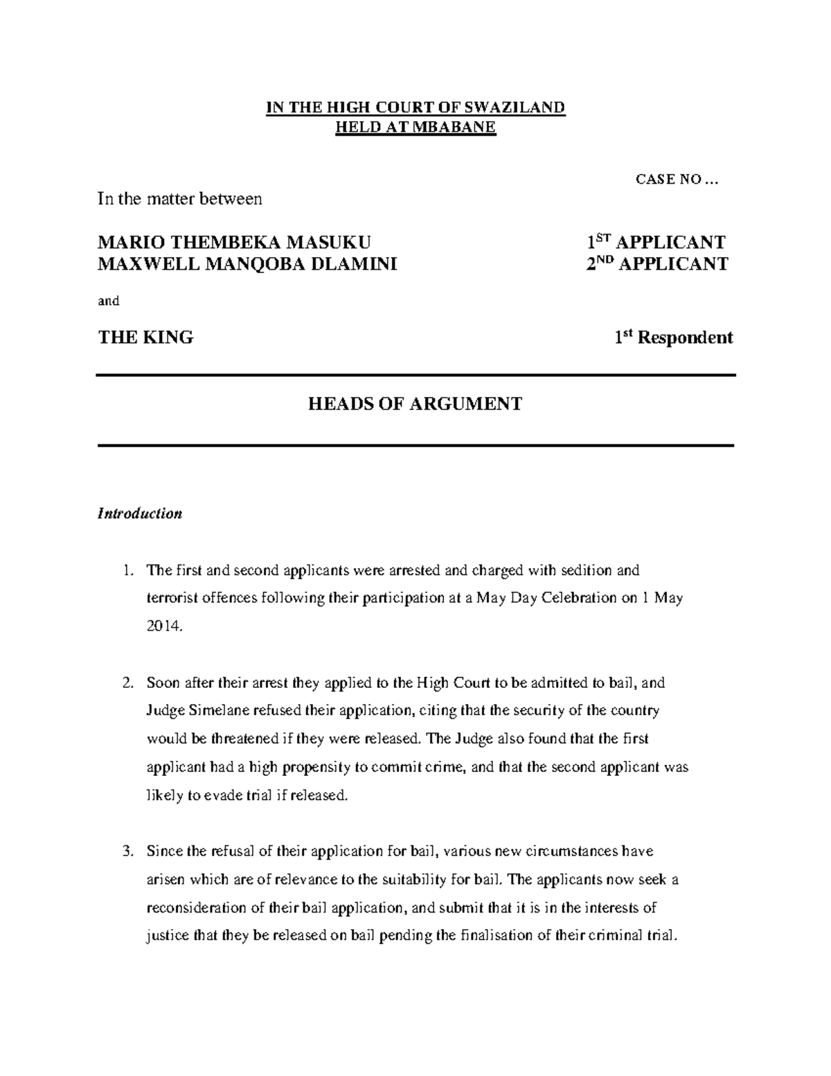 Heads Of Argument For Bail Application Case No Insert Case No