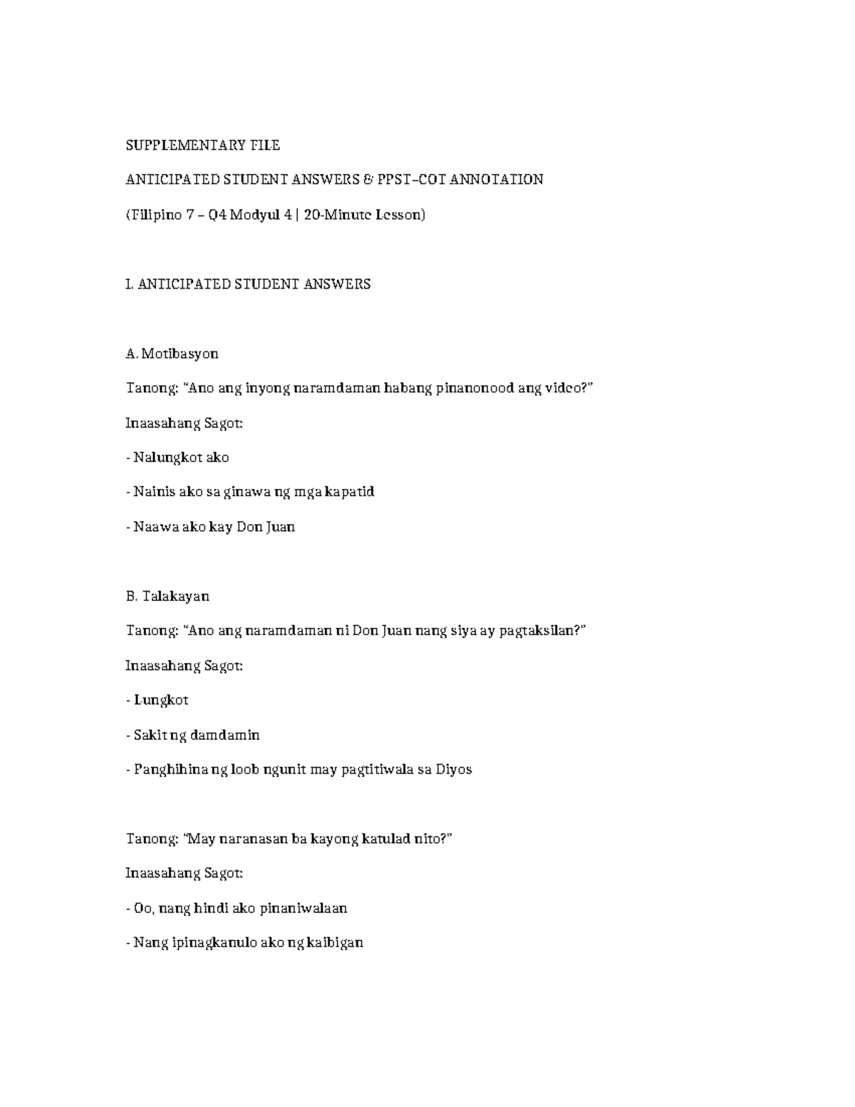 Filipino 7 Q4 Modyul 4 Lesson: Anticipated Student Answers for COT ...