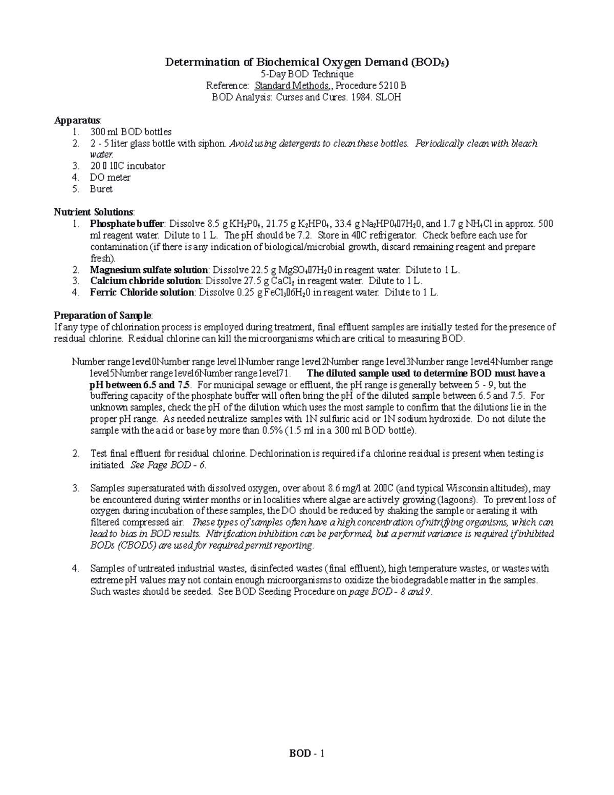 BOD 5 Analysis Procedure: Standard Methods for Determining BOD - Studocu