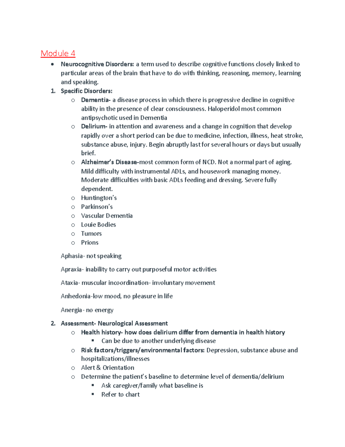 Neurocognitive Disorders: Specific Disorders Neurological Assessment ...