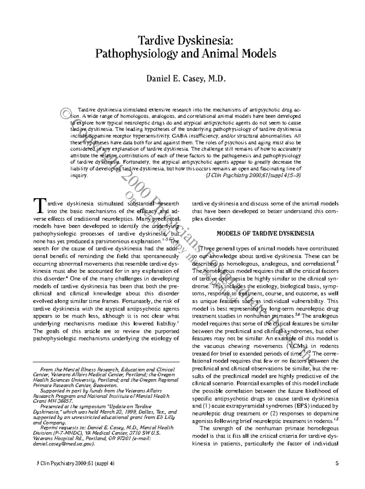 Tardive Dyskinesia: Pathophysiology & Animal Models (J Clin Psychiatry ...