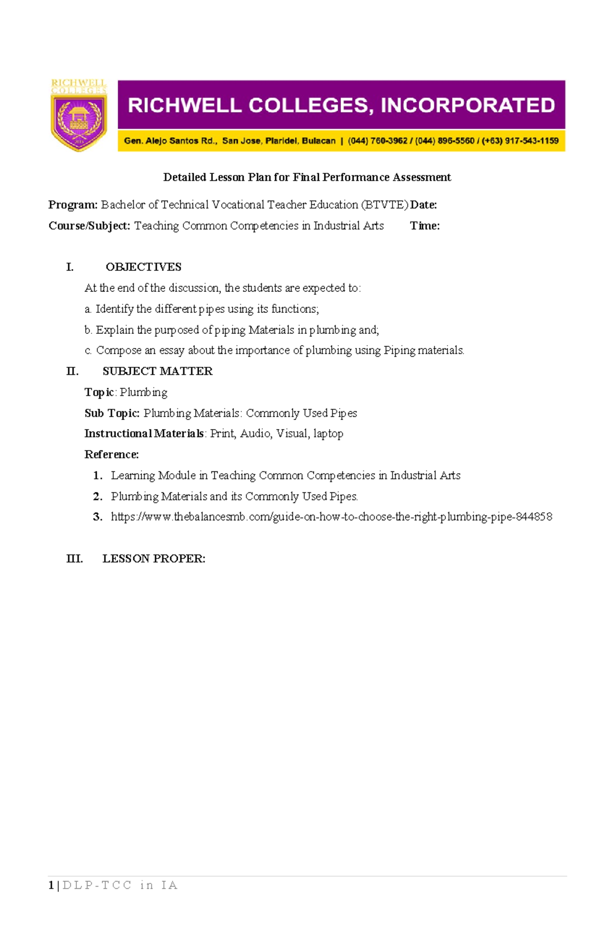 Detailed Lesson Plan on Plumbing Materials for BTVTE Final Assessment ...