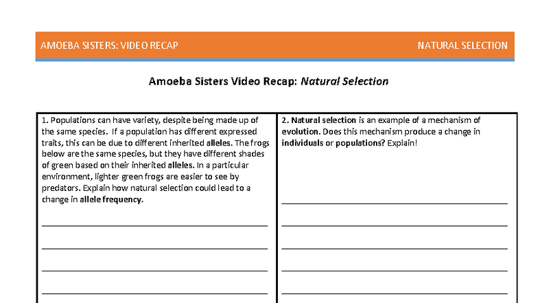 AMOEBA SISTERS: VIDEO RECAP ON NATURAL SELECTION - Studocu