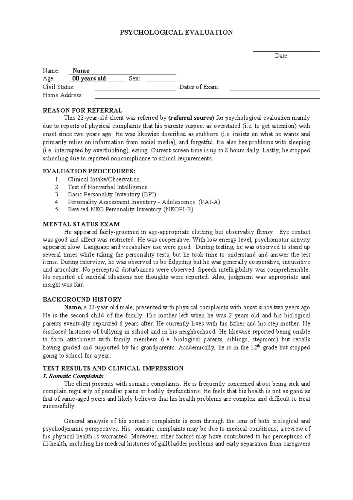 Psychological Assessment Report - Case Study for Evaluation - Studocu
