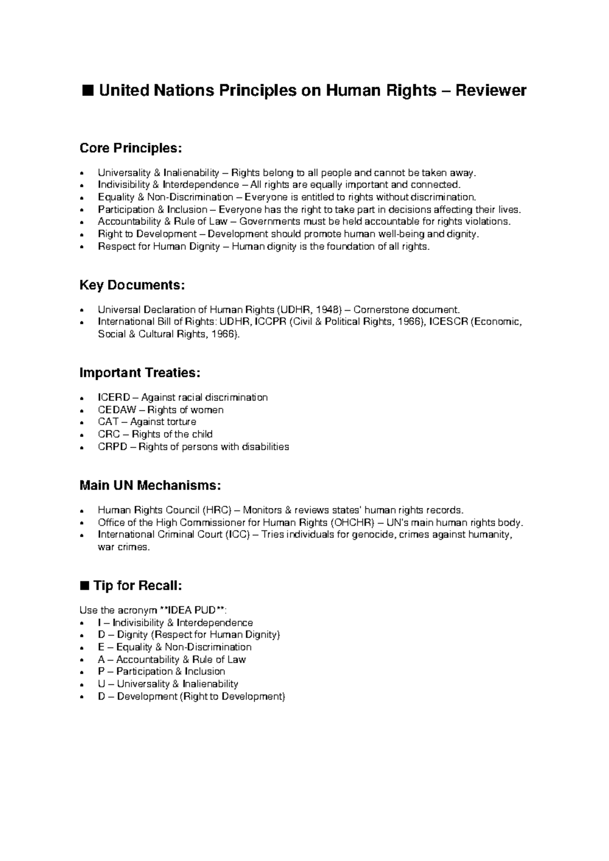UN Human Rights Principles Review: Core Concepts & Key Documents - Studocu