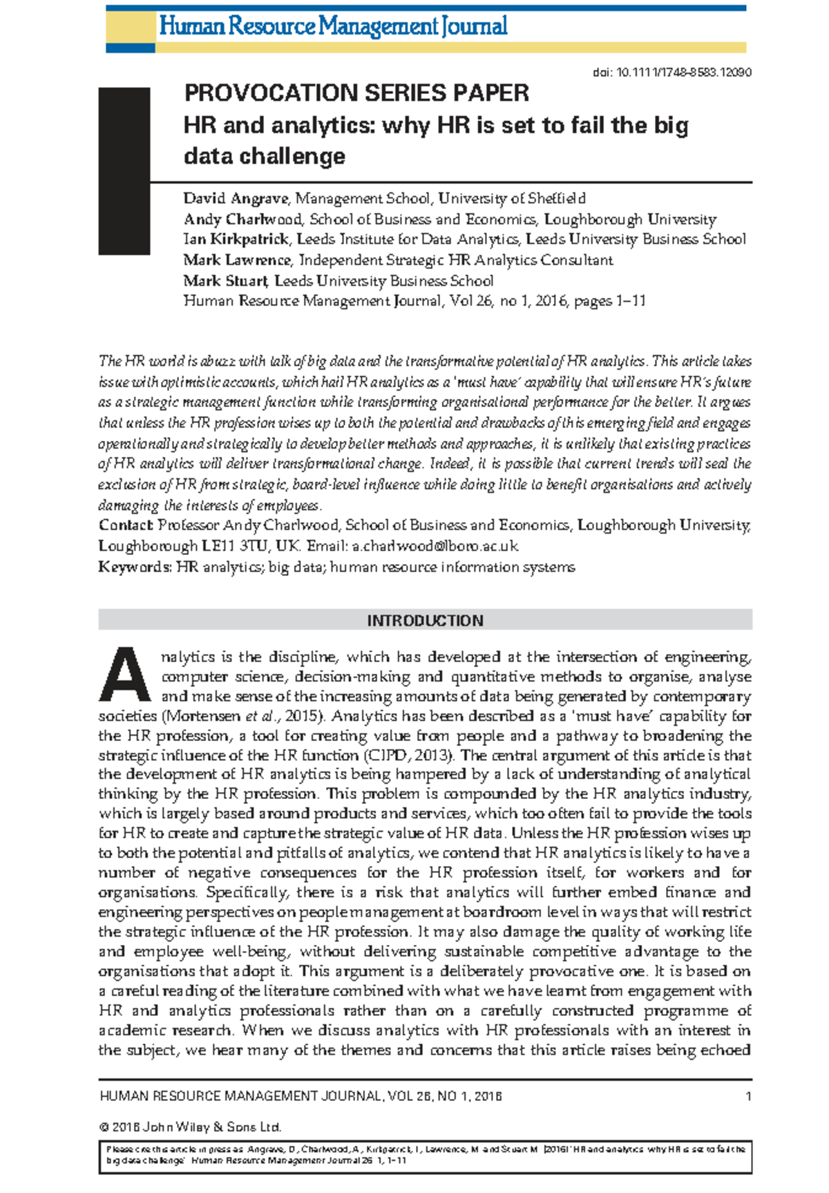 HR and Analytics: Why HR is Set to Fail the Big Data Challenge - Studocu