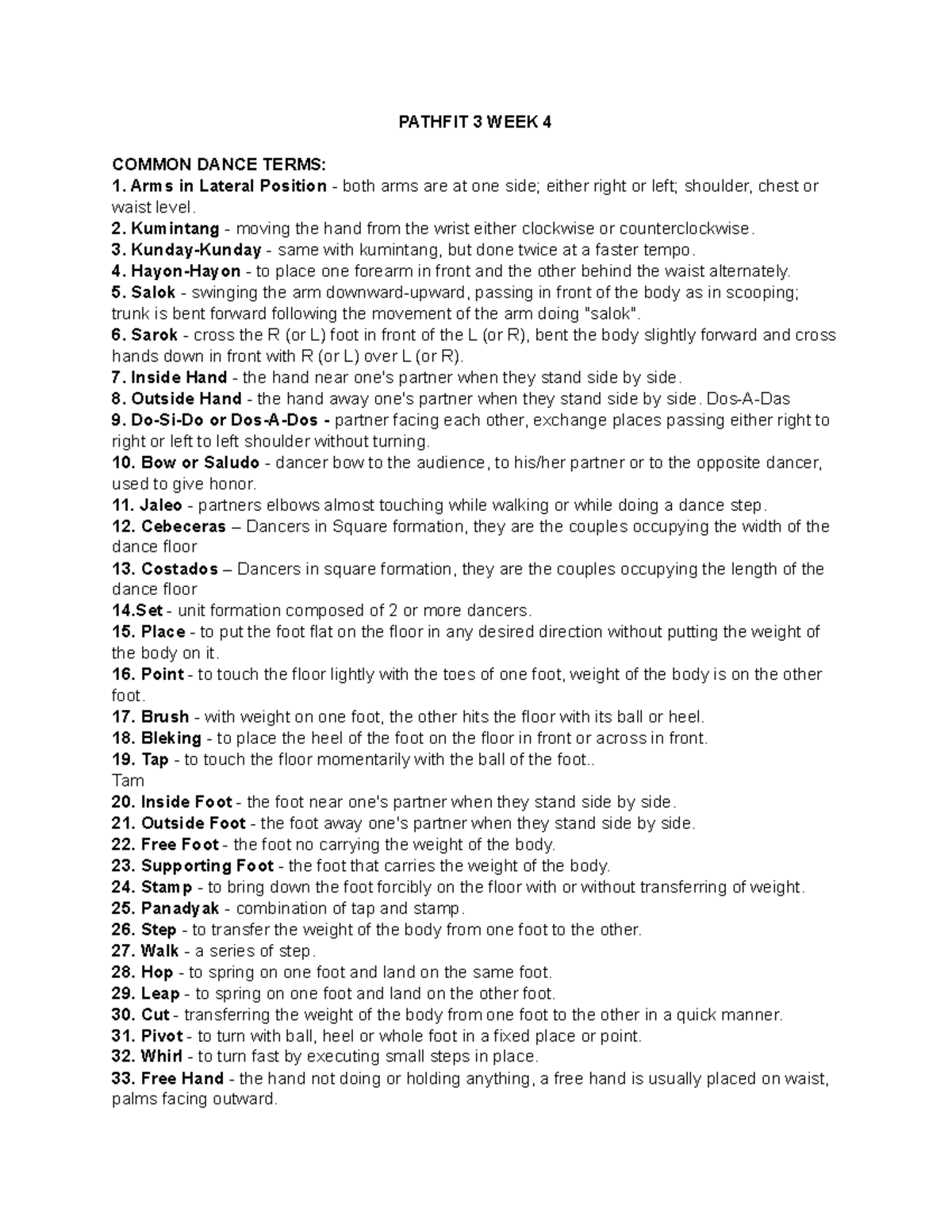 Common Dance Terms for PATHFIT 3 - Week 4 Overview - Studocu