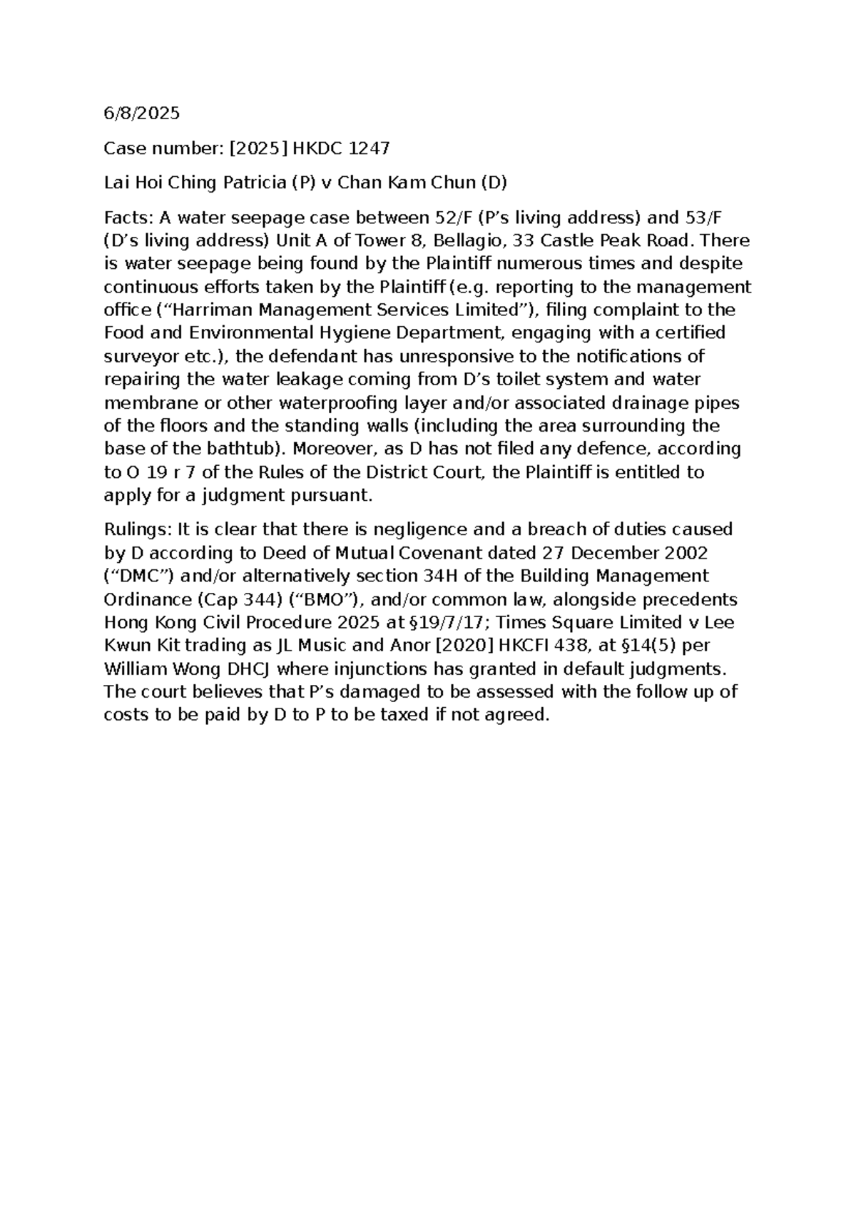 Case Diary: HKDC 1247 Lai Hoi Ching Patricia v Chan Kam Chun - Studocu