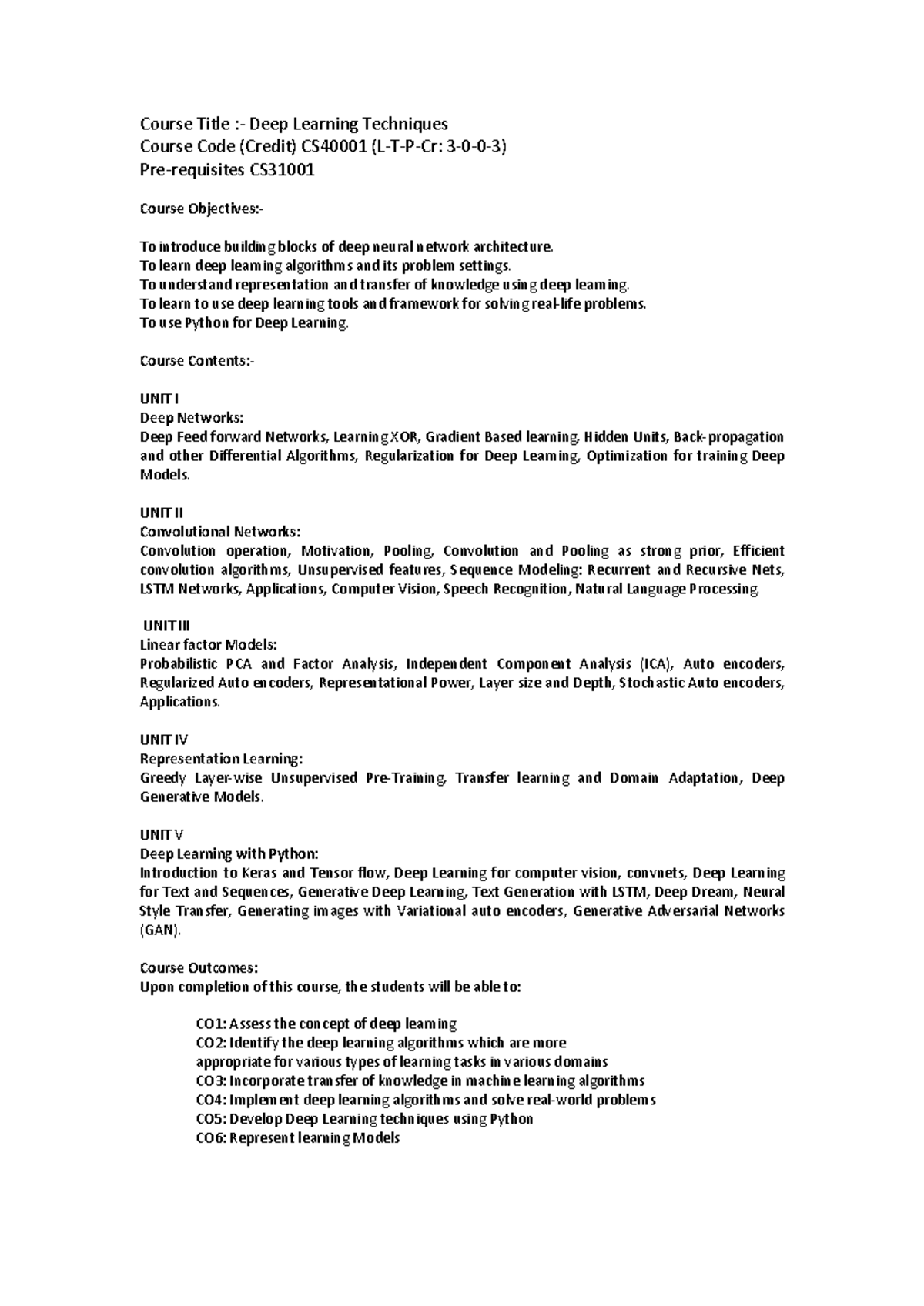 Syllabus for CS31001: Deep Learning Techniques and Applications - Studocu