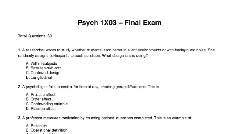 Psych 1X03 Final Exam Study Guide: Key Questions & Concepts - Studocu