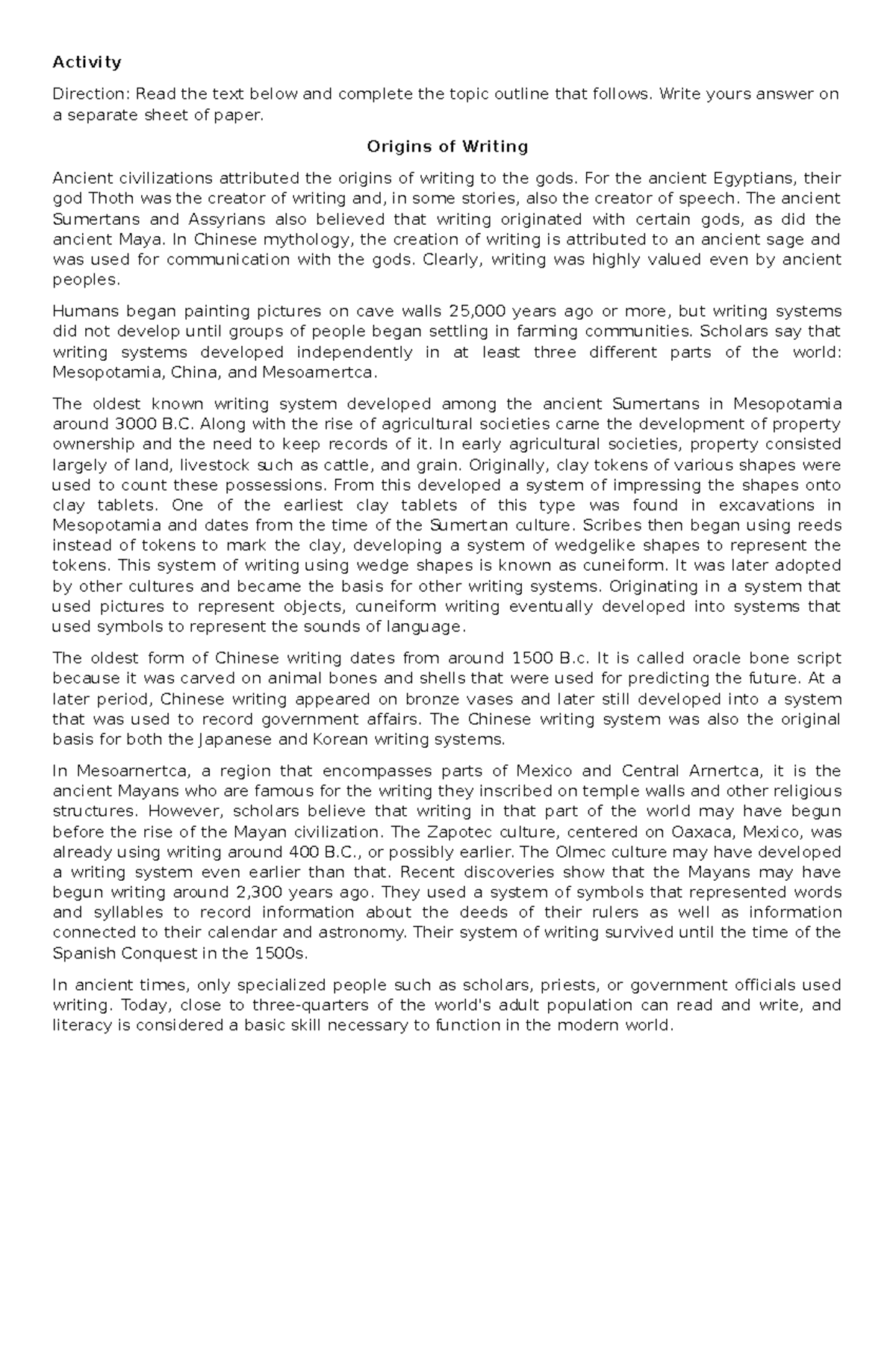 Outline Activity - Origins of Writing: Ancient Civilizations and ...