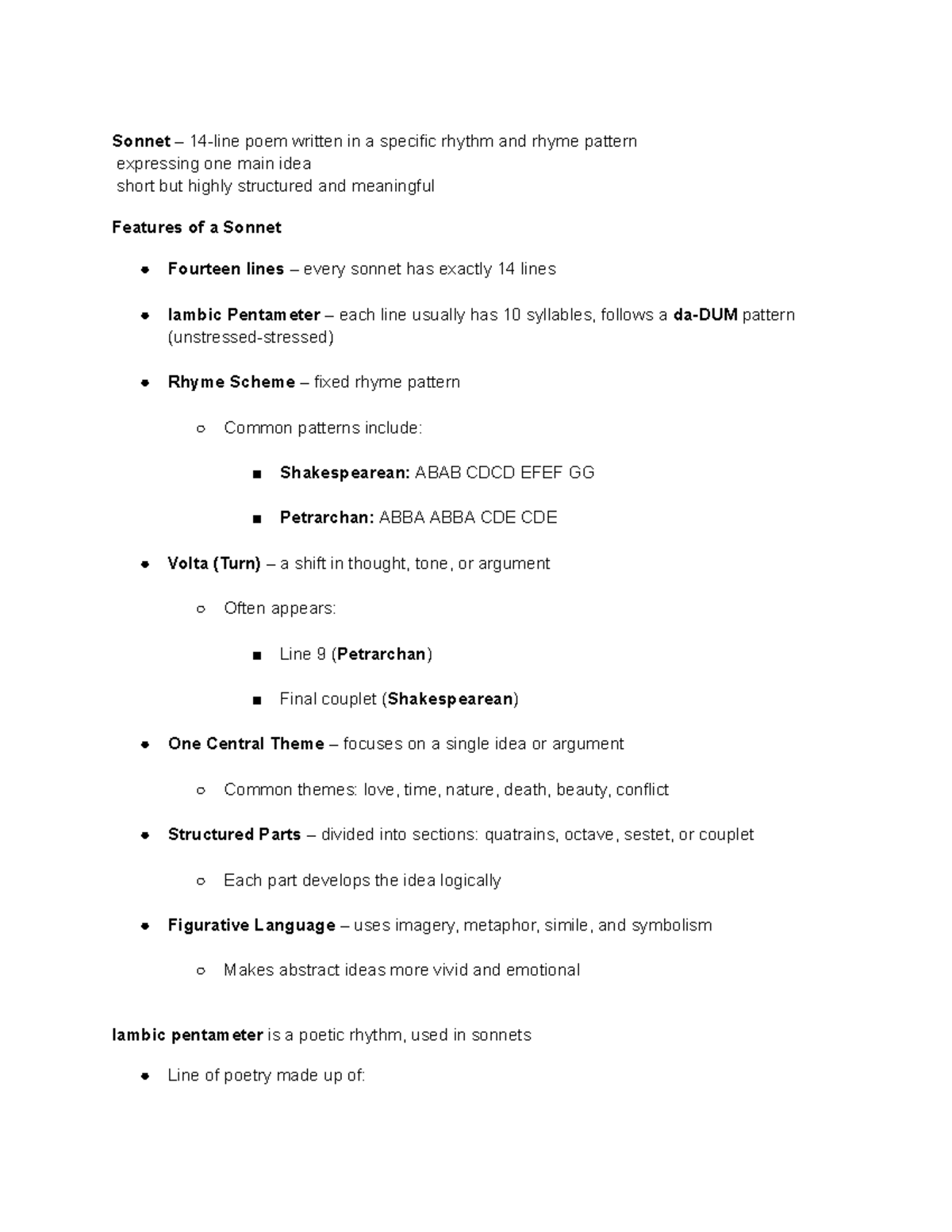 English 9 Q4: Key Features and Structure of Sonnets and Poetry - Studocu