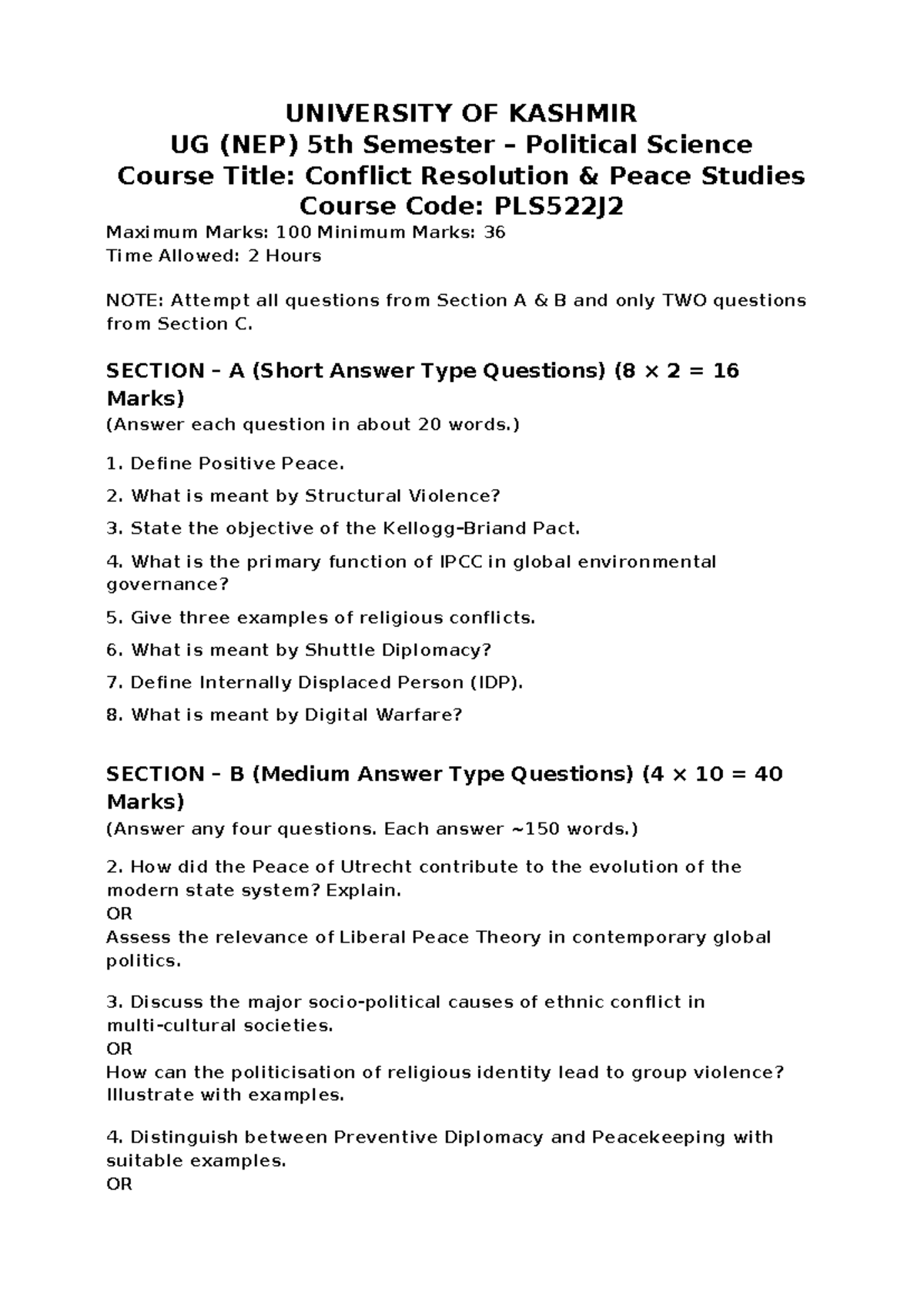 PLS522J2 Conflict Resolution & Peace Studies Exam Notes - Studocu