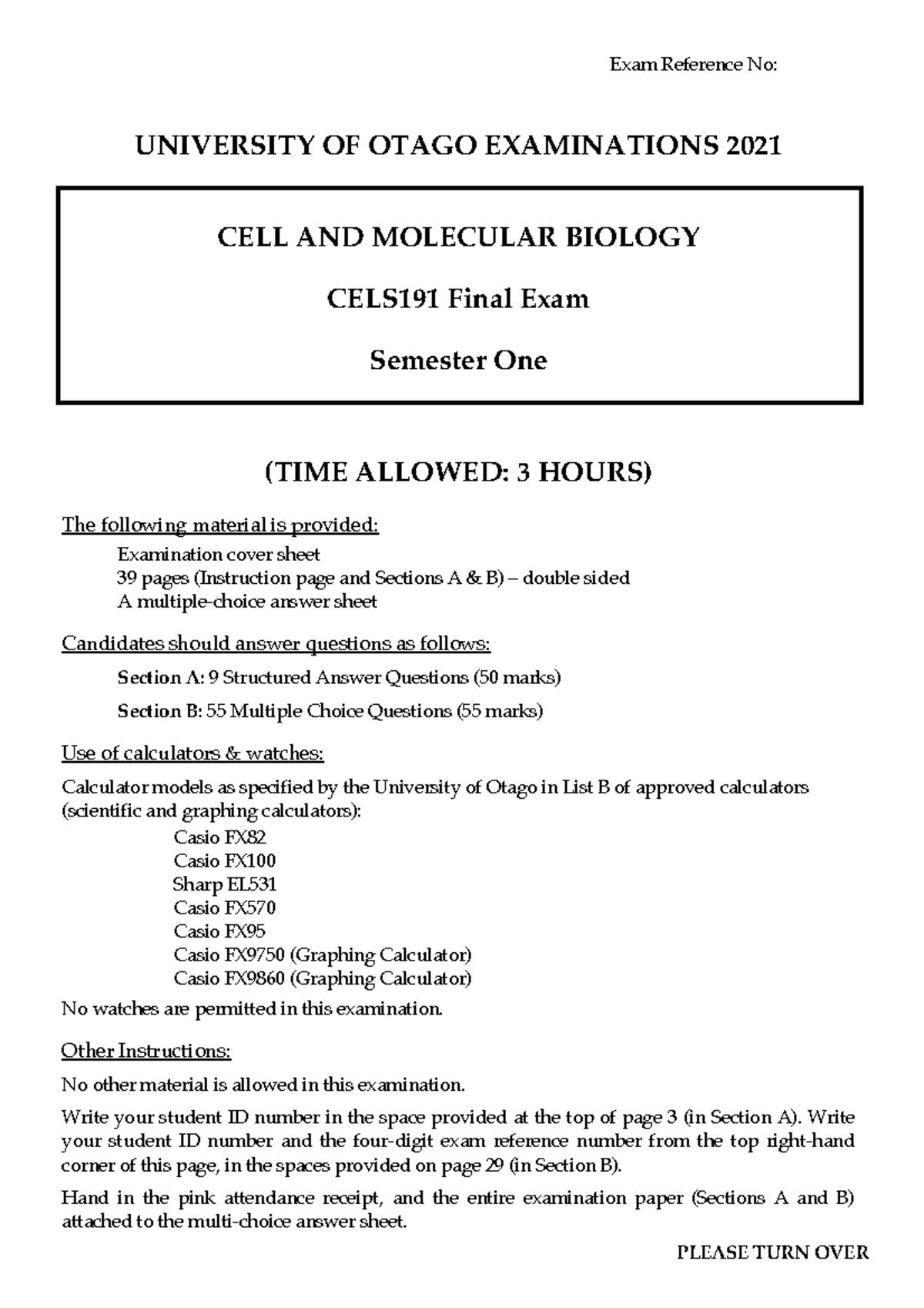 CELS191 2021 S1 - Cell & Molecular Biology Final Exam Guide - Studocu