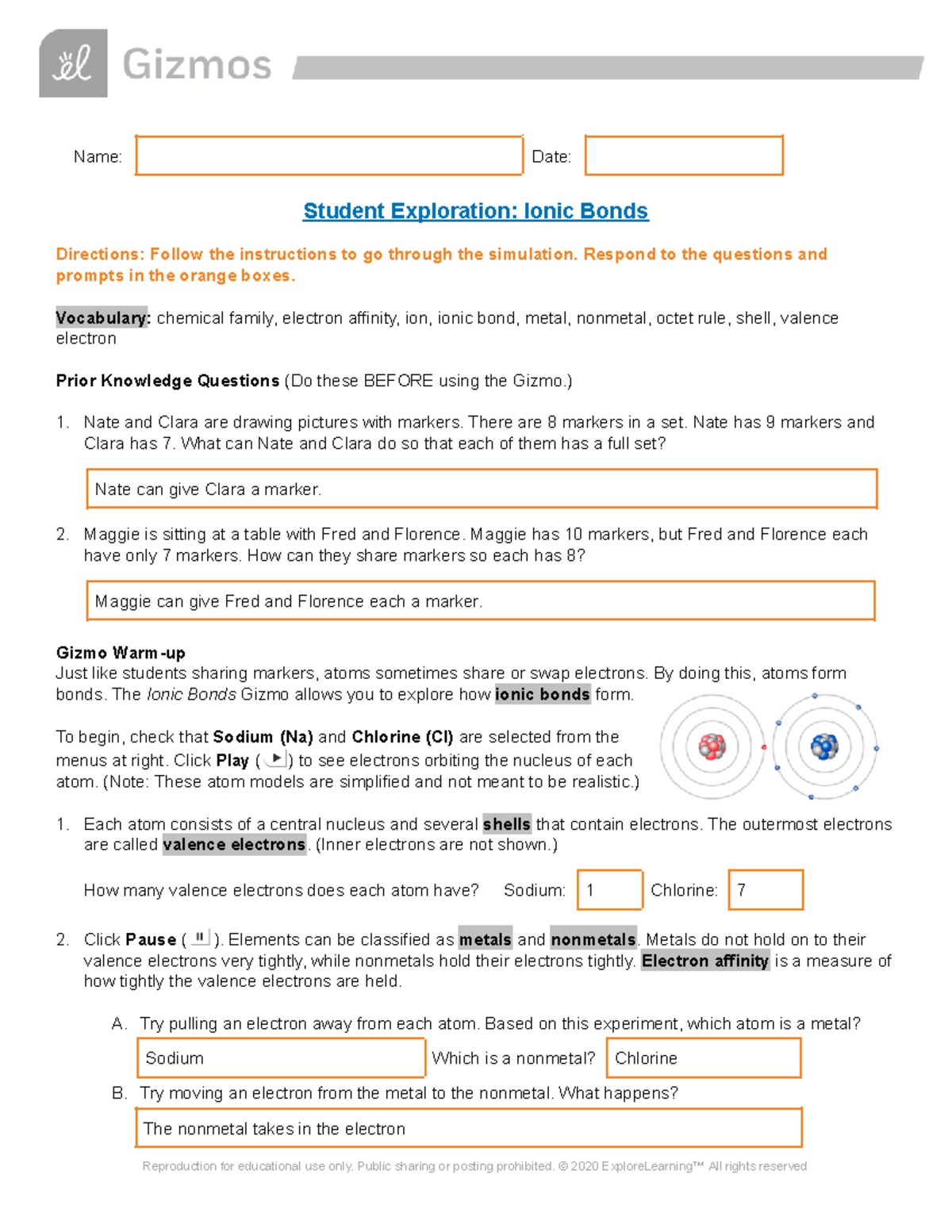 Ionic Bonds Gizmo worksheet - Name: Date: Student Exploration: Ionic ...