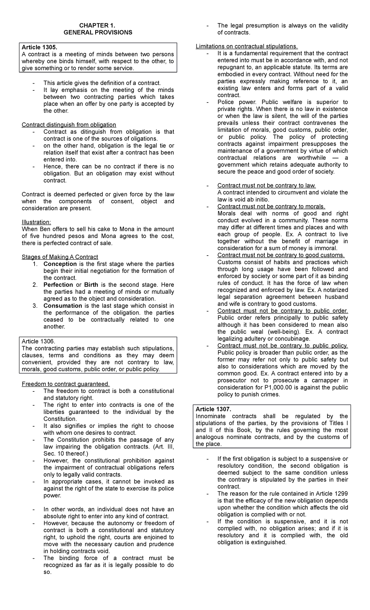 1305-1345 - OBLICON: Overview of General Provisions and Essentials - Studocu