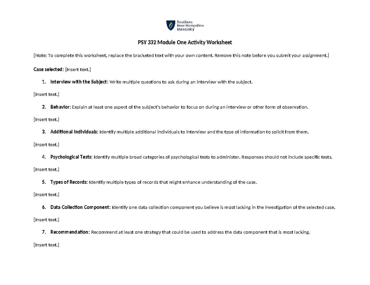 PSY 332 Case Study Interview & Data Collection Worksheet - Studocu