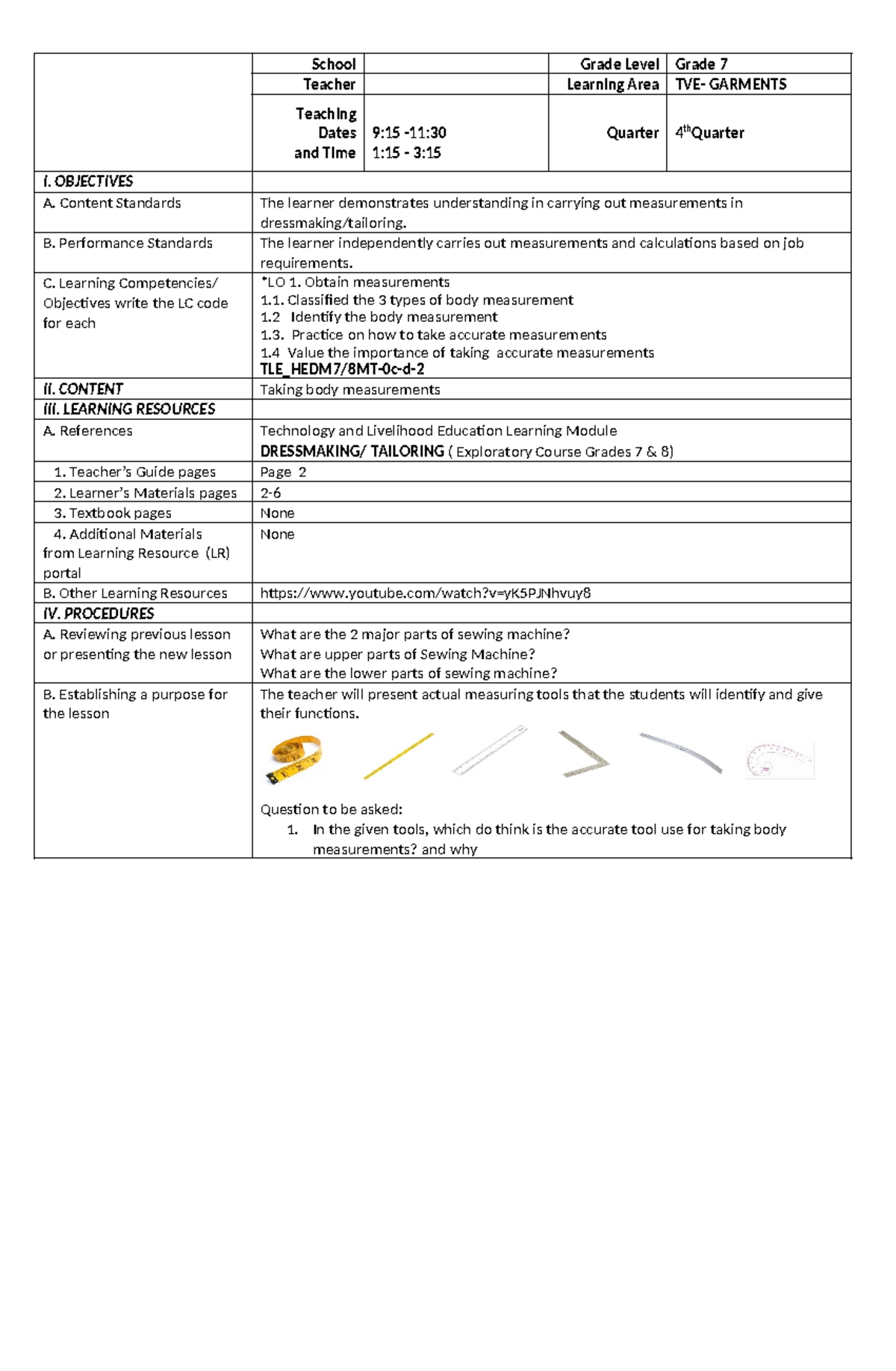 Lesson 3: Taking Body Measurements in TLE-Garments (Grade 7) - Studocu