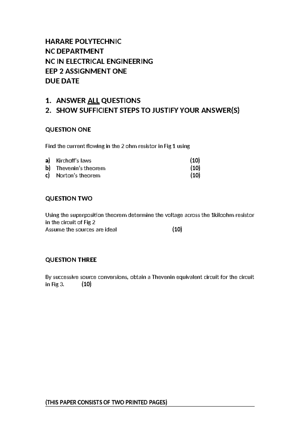 EEP 2 Assignment 1: Electrical Engineering Solutions 2025 - Studocu
